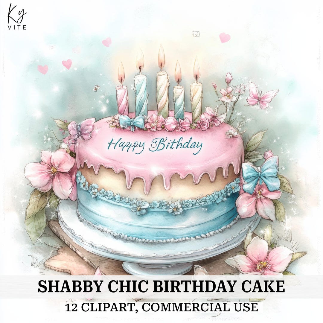12 Shabby Chic Birthday Cake Clipart, Pastel Birthday Cake, Printable Watercolor Clipart, Paper ...