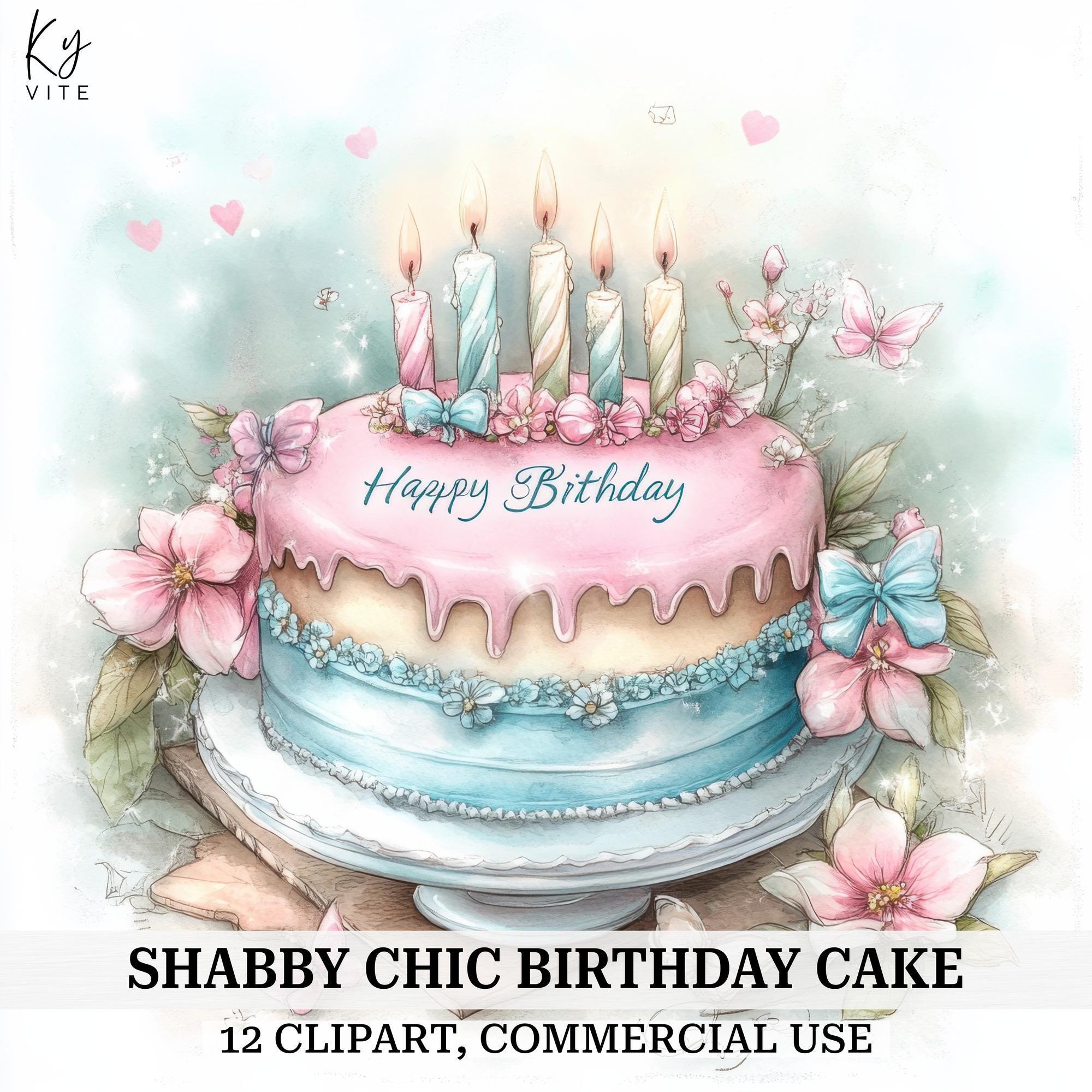 12 Shabby Chic Birthday Cake Clipart, Pastel Birthday Cake, Printable ...