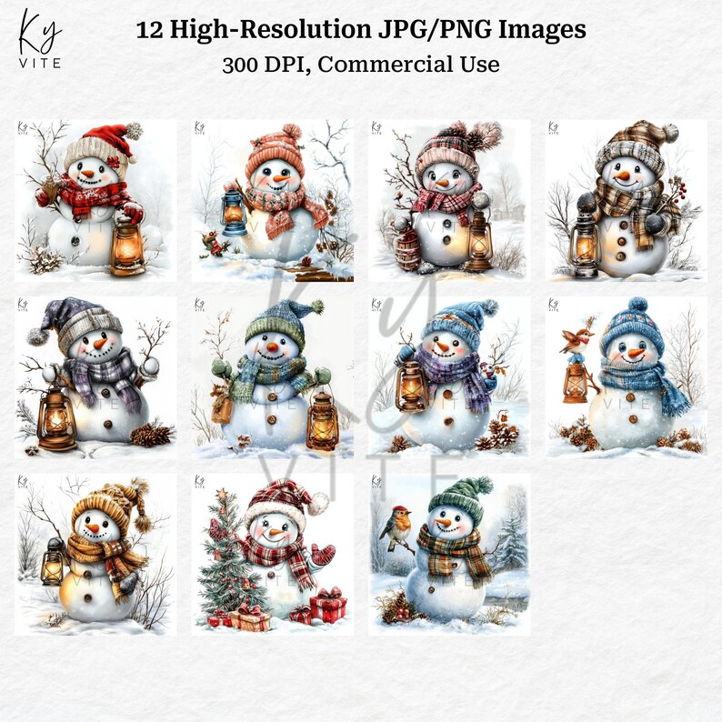 12 Cute Happy Snowman Watercolor Clipart, Printable Winter Decor for ...