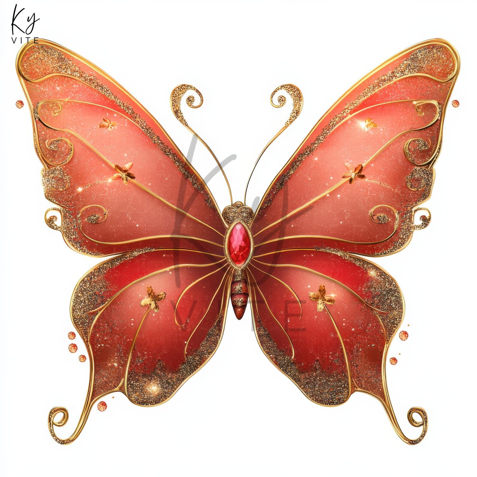 Red & Gold Scroll Butterfly Clipart: 12 Watercolor Fantasy Designs ...