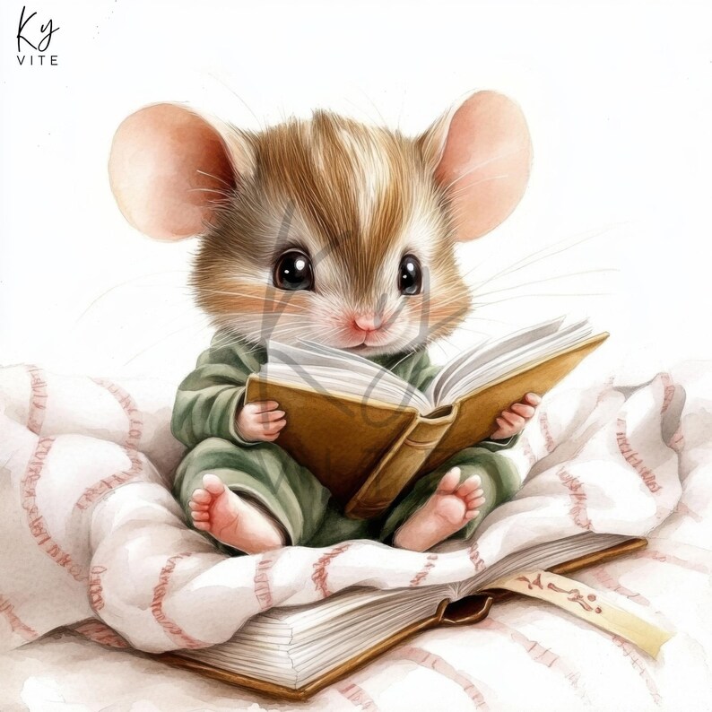 12 Cute Little Reading Mouse Watercolour Clipart, Printable Baby Mouse ...
