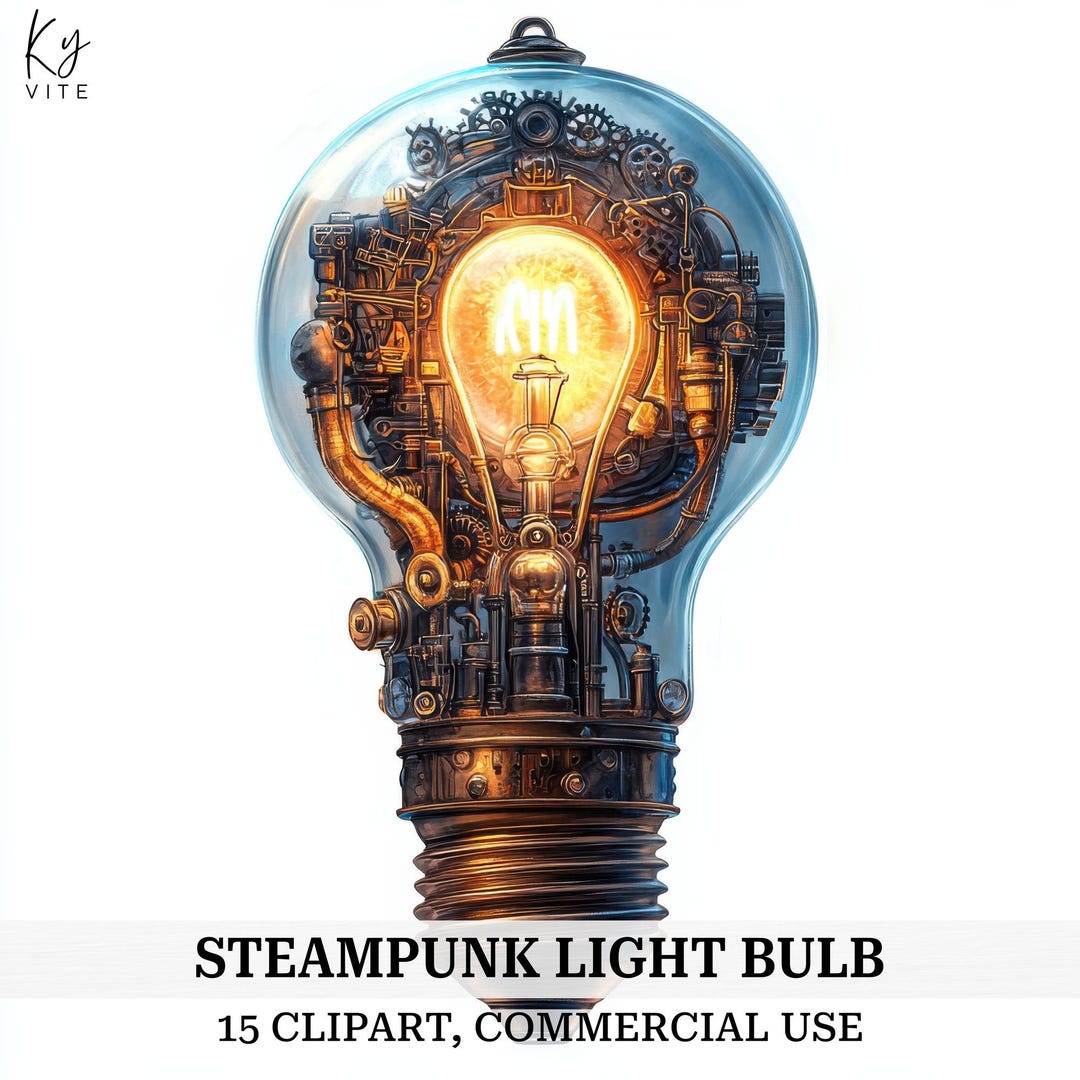 15 Steampunk Light Bulb Clipart, Whimsical, Printable Watercolor ...