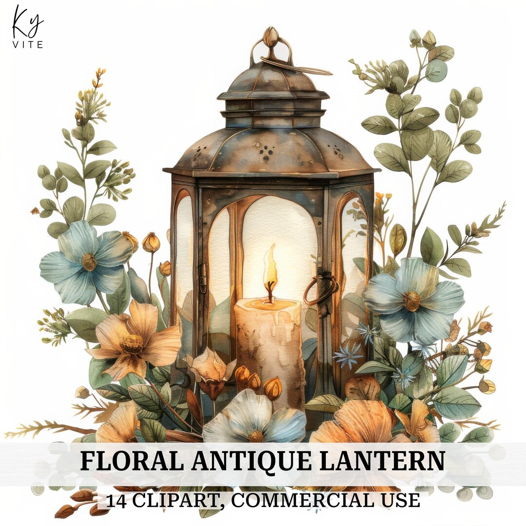 14 Antique Cottagecore Lantern Clipart, Lantern With Flowers, Printable ...