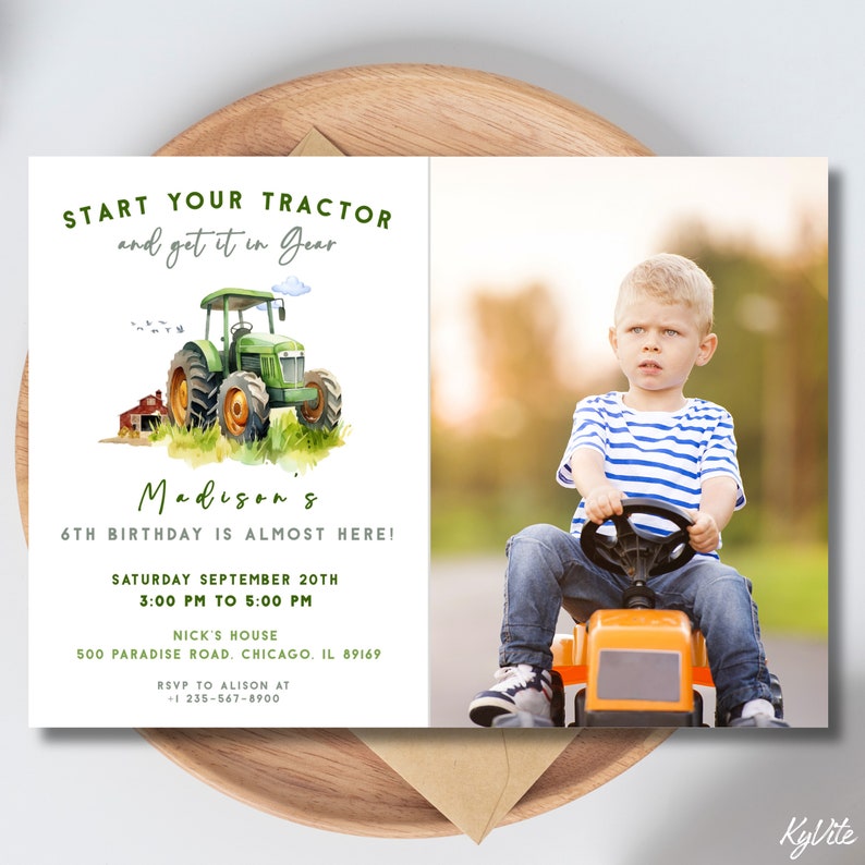 Editable Green Tractor Photo Birthday Invitation, Any Age Tractor Theme ...
