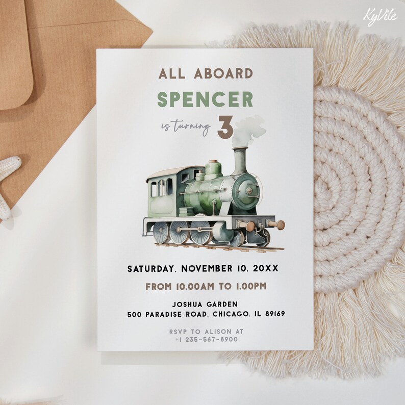 Editable Green Train Birthday Invitation, All Aboard Theme, Adventure ...