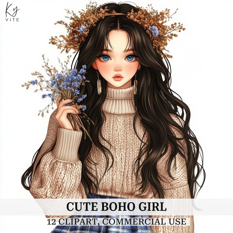 12 Cute Boho Girl Watercolour Clipart, Printable Floral Anime Digital ...