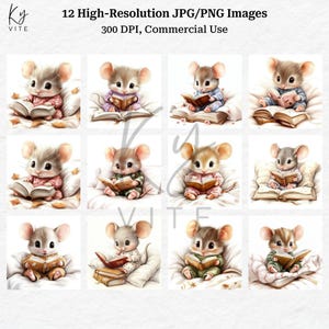 12 Mouse Reading a Book Clipart, Baby Mouse, Printable Watercolor ...