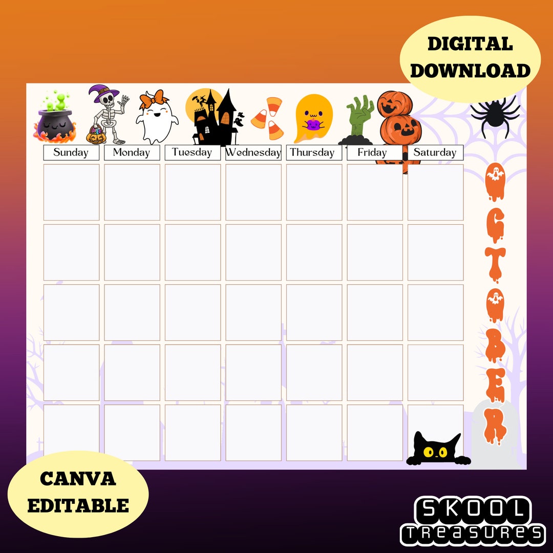October Undated Editable Printable Calendar, Halloween Themed Scheduler ...