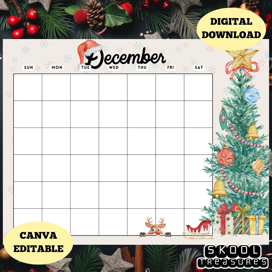 December Undated Editable Printable Calendar, Xmas Tree Christmas ...