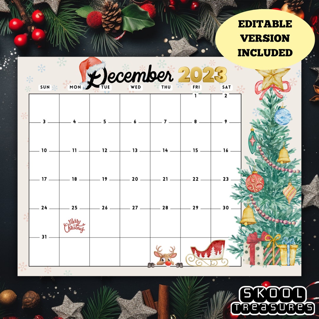 December 2023 Editable Printable Calendar, Xmas Tree Christmas Themed ...