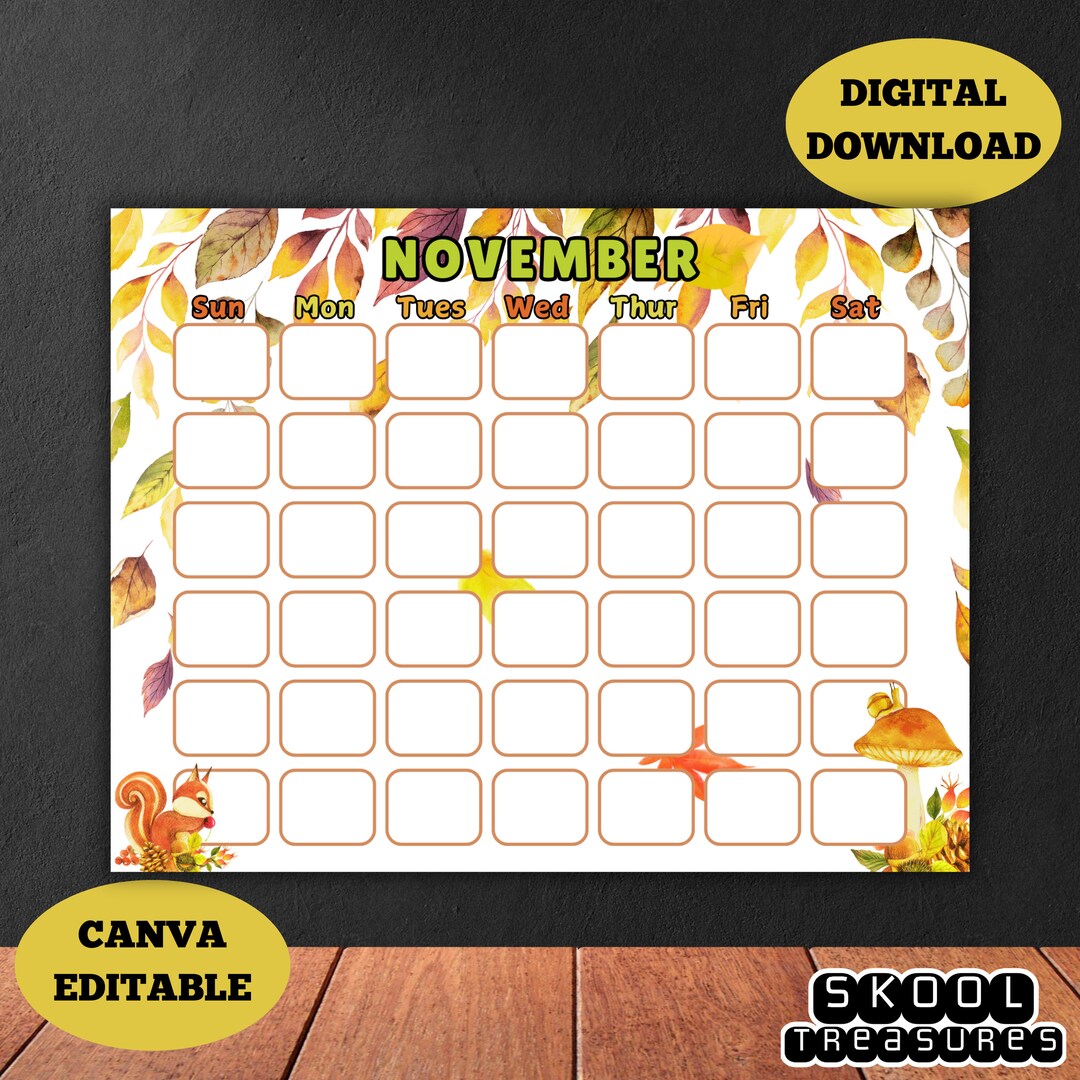 November Undated Editable Printable Calendar, Thanksgiving Monthly ...