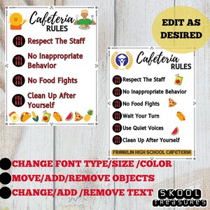 Editable School Cafeteria Rules Sign, Lunchroom Decor, Cafeteria Wall ...