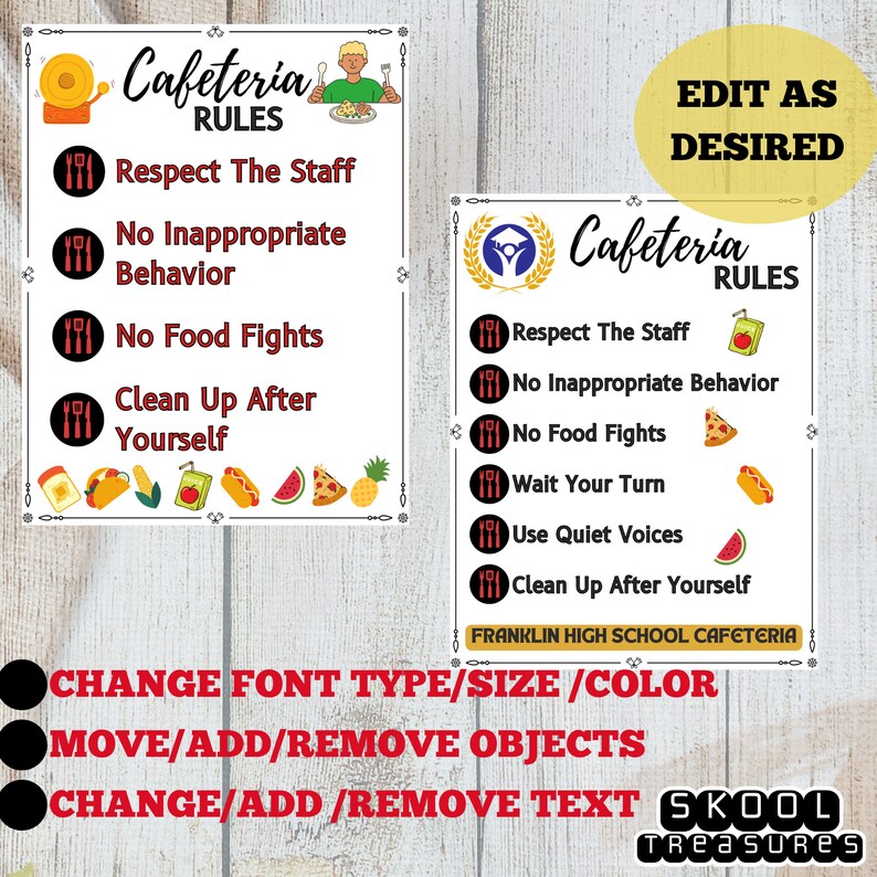Editable School Cafeteria Rules Sign, Lunchroom Decor, Cafeteria Wall ...