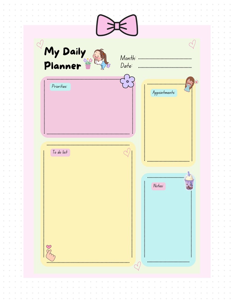 1 Page Kawaii Digital Daily Planner Printable Cute Digital - Etsy
