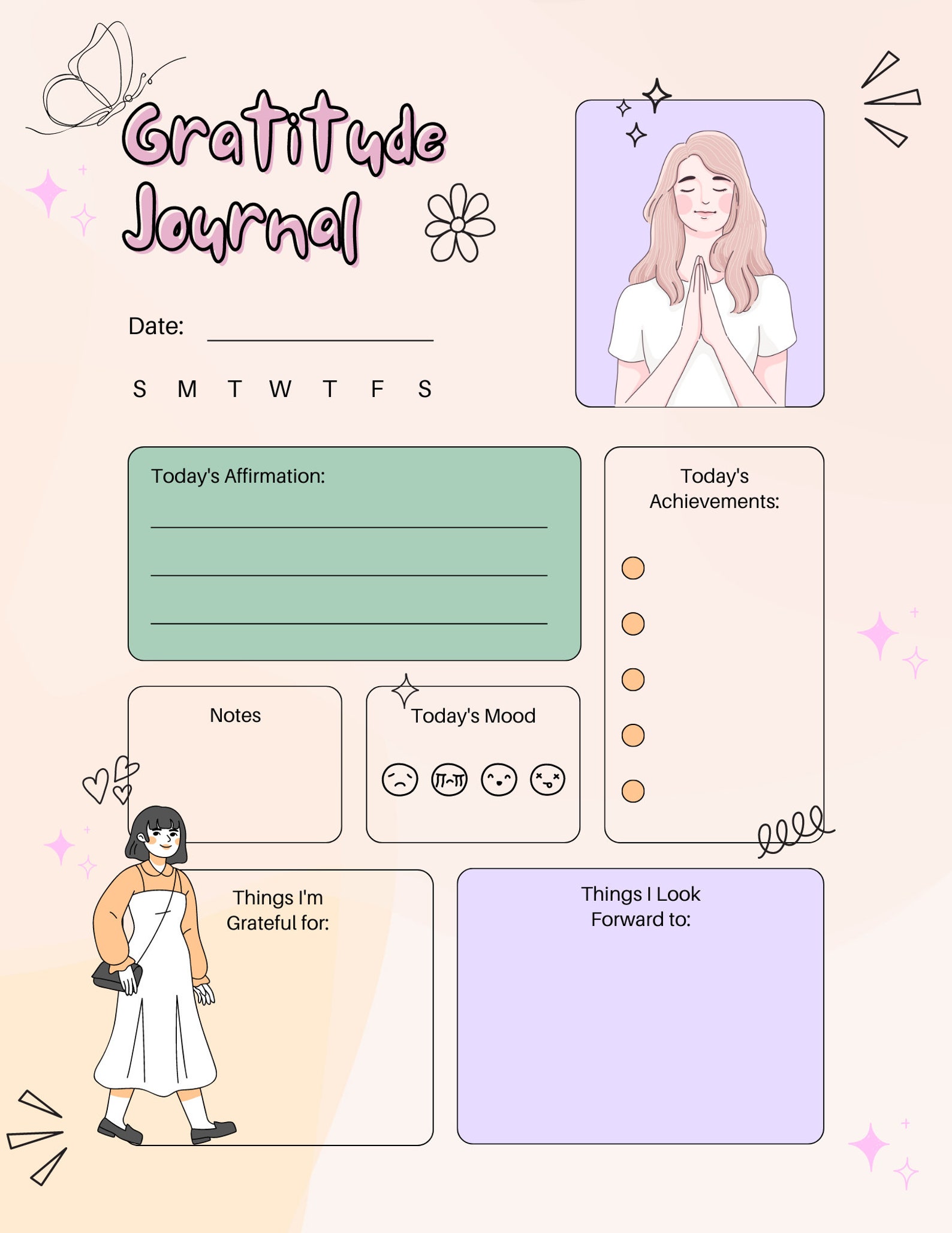 Cute Gratitude Journal Planner, 1 Page Digital Download, Printable ...