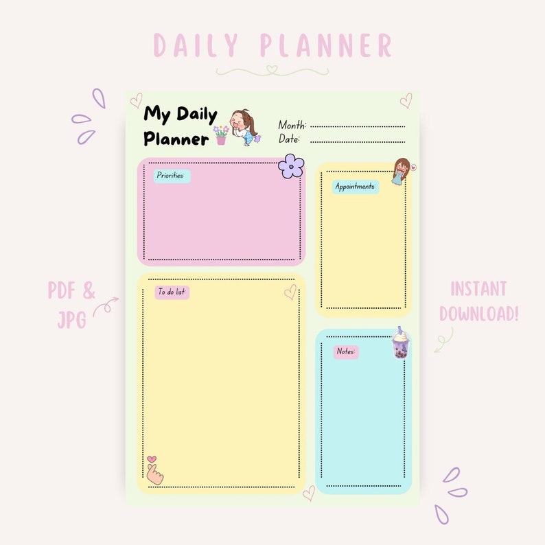 1 Page Kawaii Digital Daily Planner, Printable, Cute Digital Instant ...