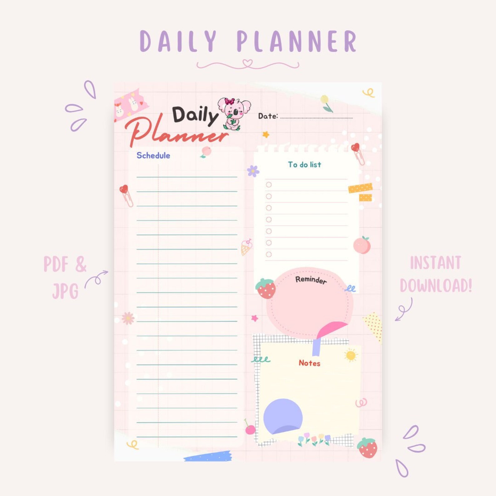 1 Page Kawaii Digital Daily Planner, Printable, Cute Digital Instant ...