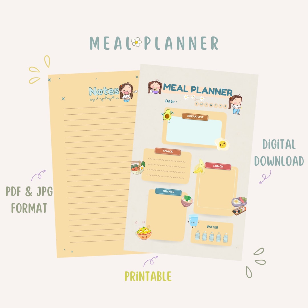 Cute Meal Planner 2 Page Digital Download, Meal Planner, Printable ...