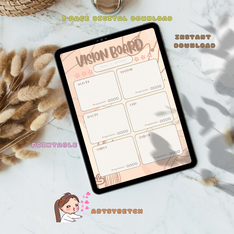 Cute Vision Board Digital Planner, 1 Page Manifestation Planner ...