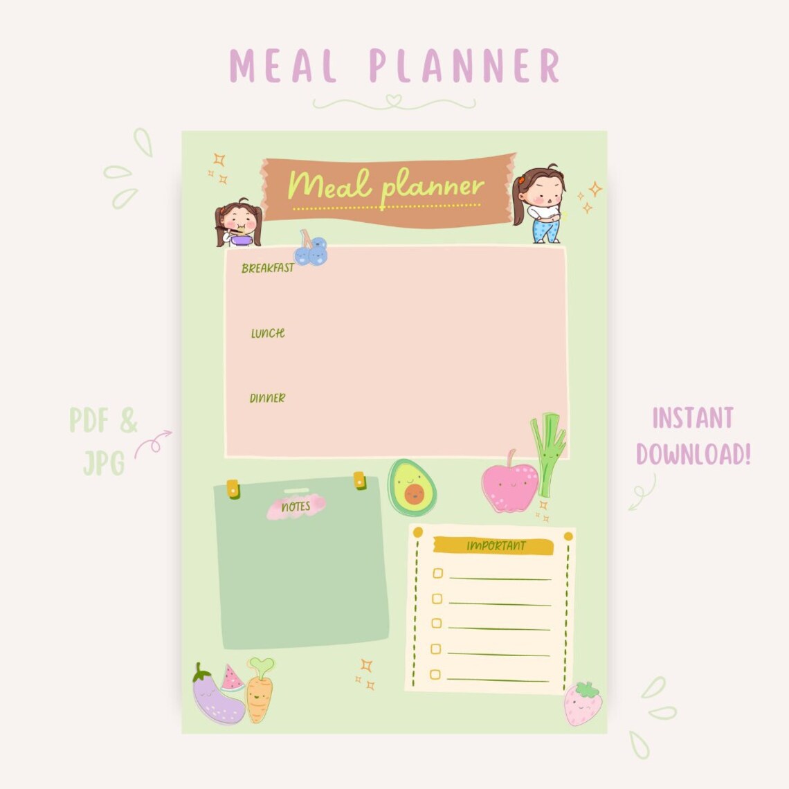 Kawaii Meal Planner, 1 Page Digital Download, Cute Meal Planner ...