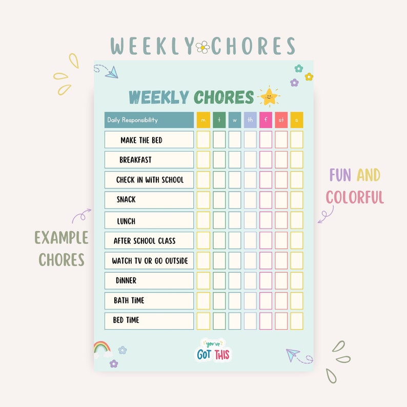 1 Page Cute Kids Weekly Chores Planner L Digital Chores Planner L ...