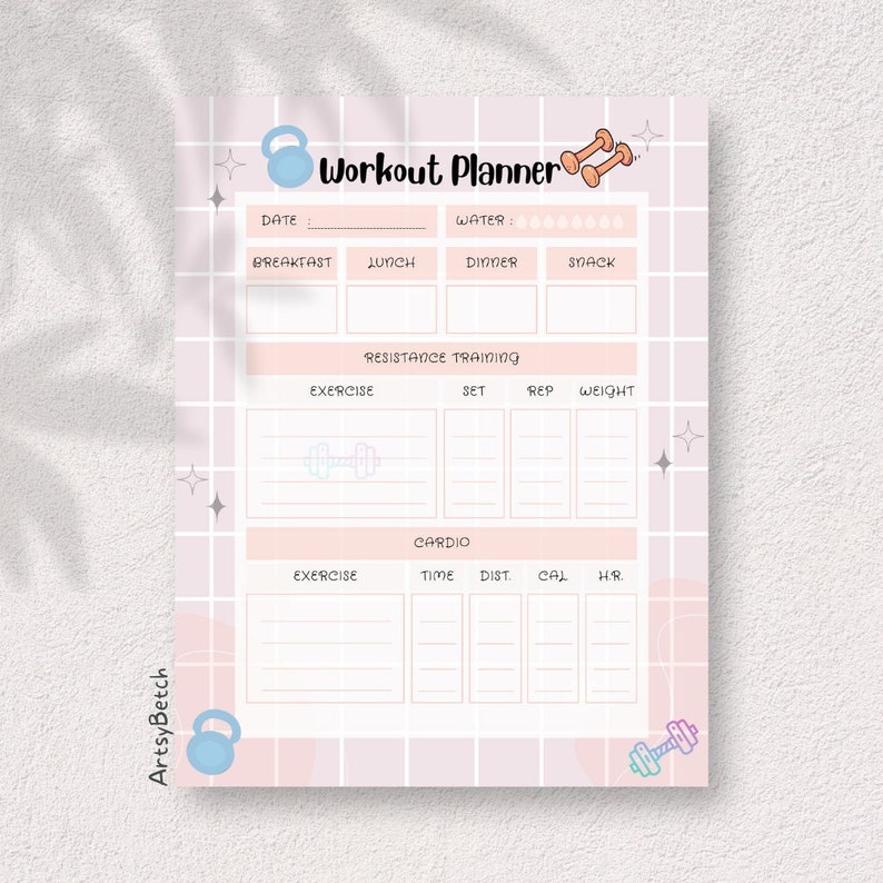 Cute 1 Page Workout Digital Planner, Fitness Planner, Printable and ...