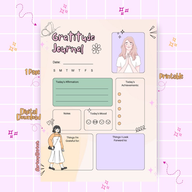 Cute Gratitude Journal Planner, 1 Page Digital Download, Printable ...