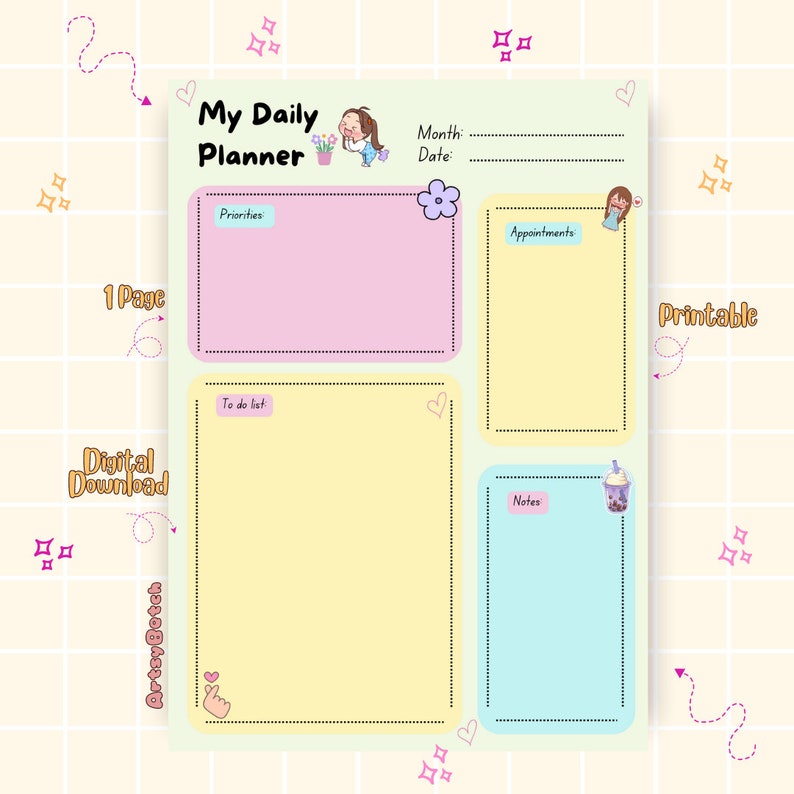 1 Page Kawaii Digital Daily Planner Printable Cute Digital - Etsy