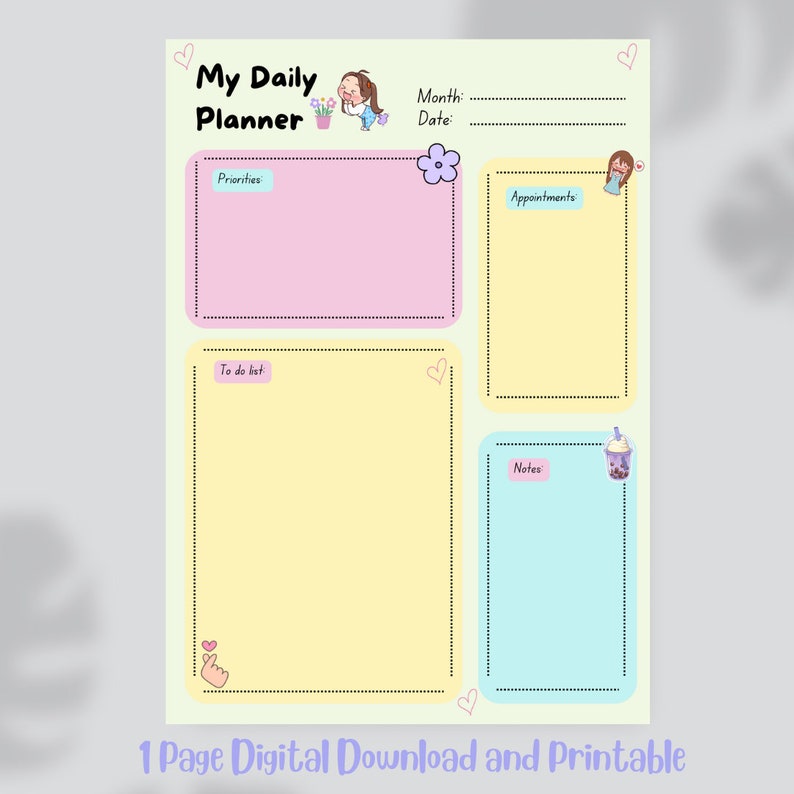 1 Page Kawaii Digital Daily Planner, Printable, Cute Digital Instant ...