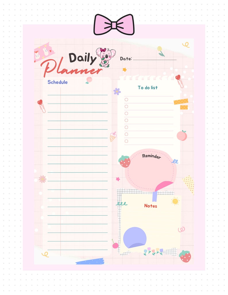 1 Page Kawaii Digital Daily Planner, Printable, Cute Digital Instant ...