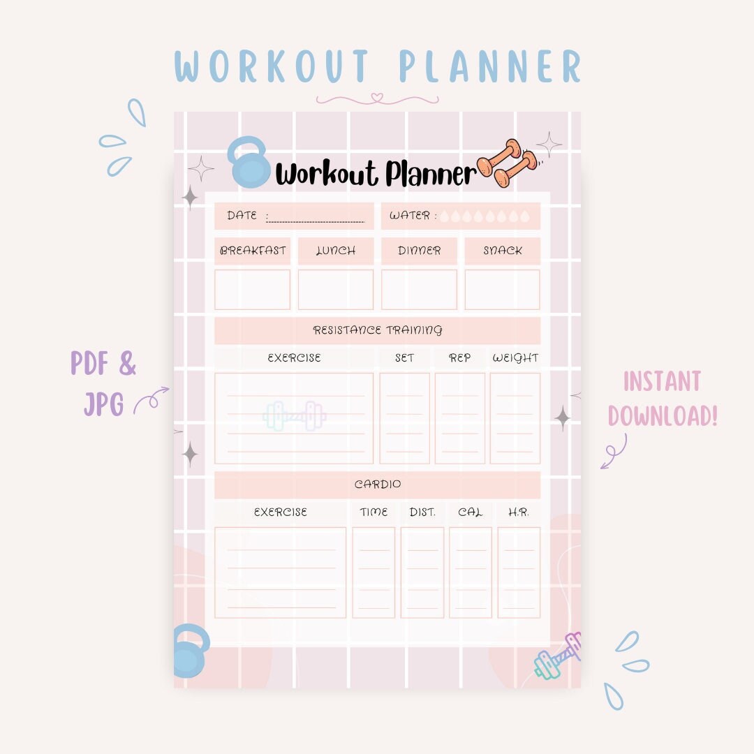 Cute 1 Page Workout Digital Planner, Fitness Planner, Printable and ...