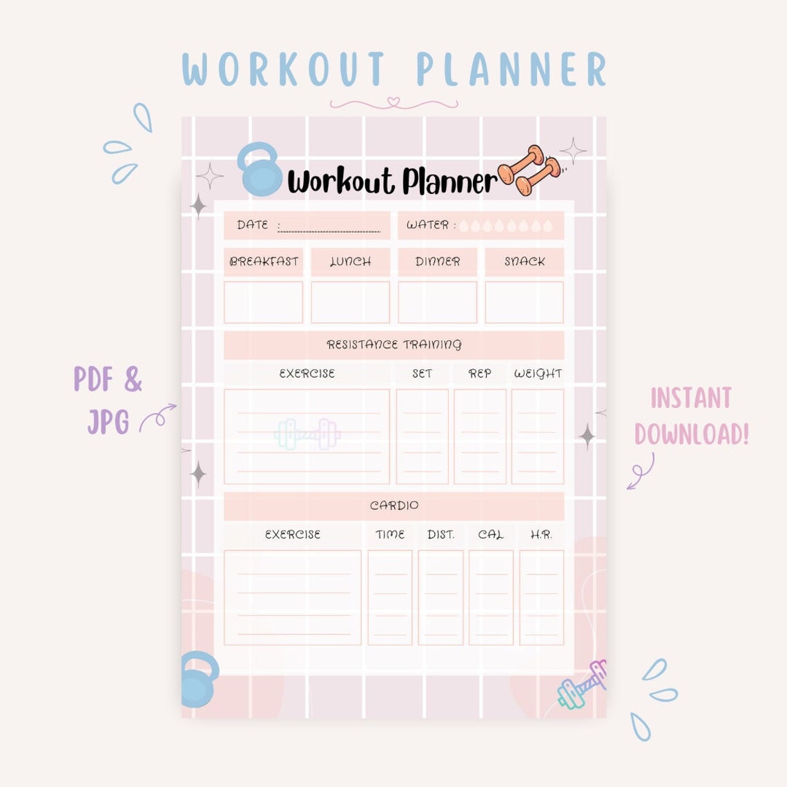 Cute 1 Page Workout Digital Planner, Fitness Planner, Printable and ...