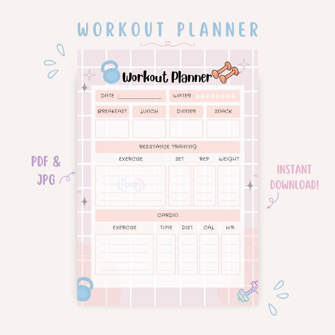Cute 1 Page Workout Digital Planner, Fitness Planner, Printable and ...