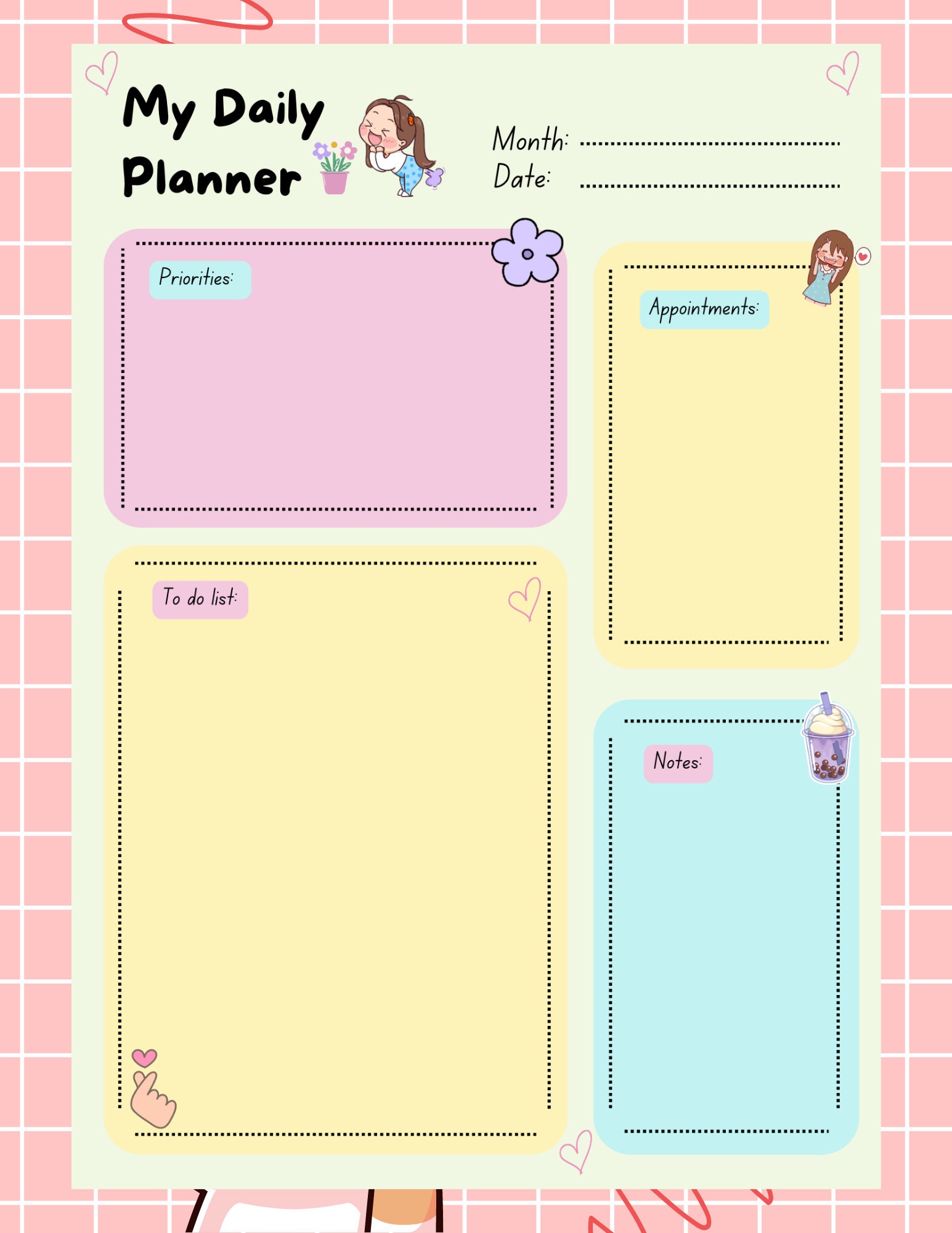 1 Page Kawaii Digital Daily Planner, Printable, Cute Digital Instant ...