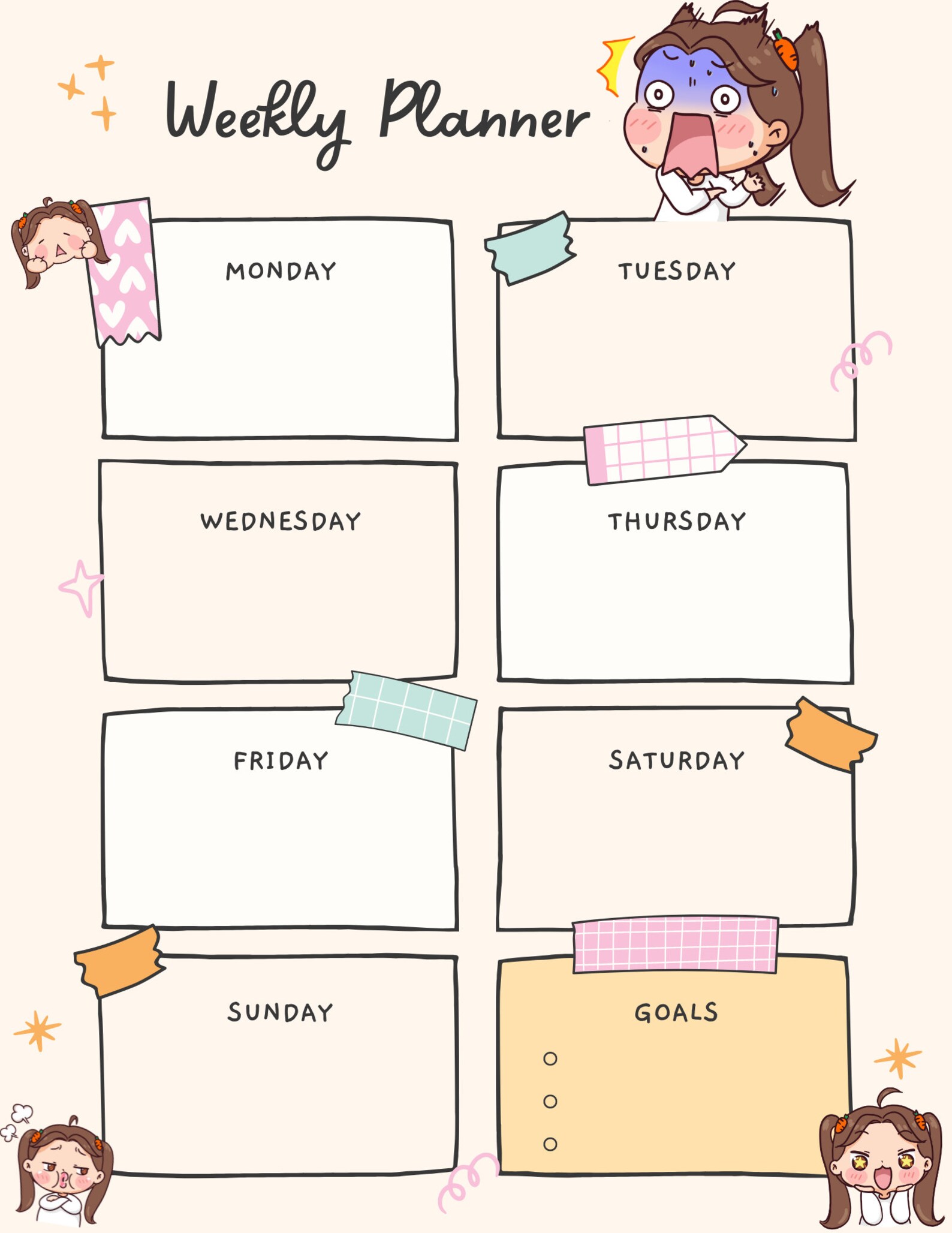 1 Page Cute and Funny Weekly Planner, Digital Weekly Planner, Printable ...