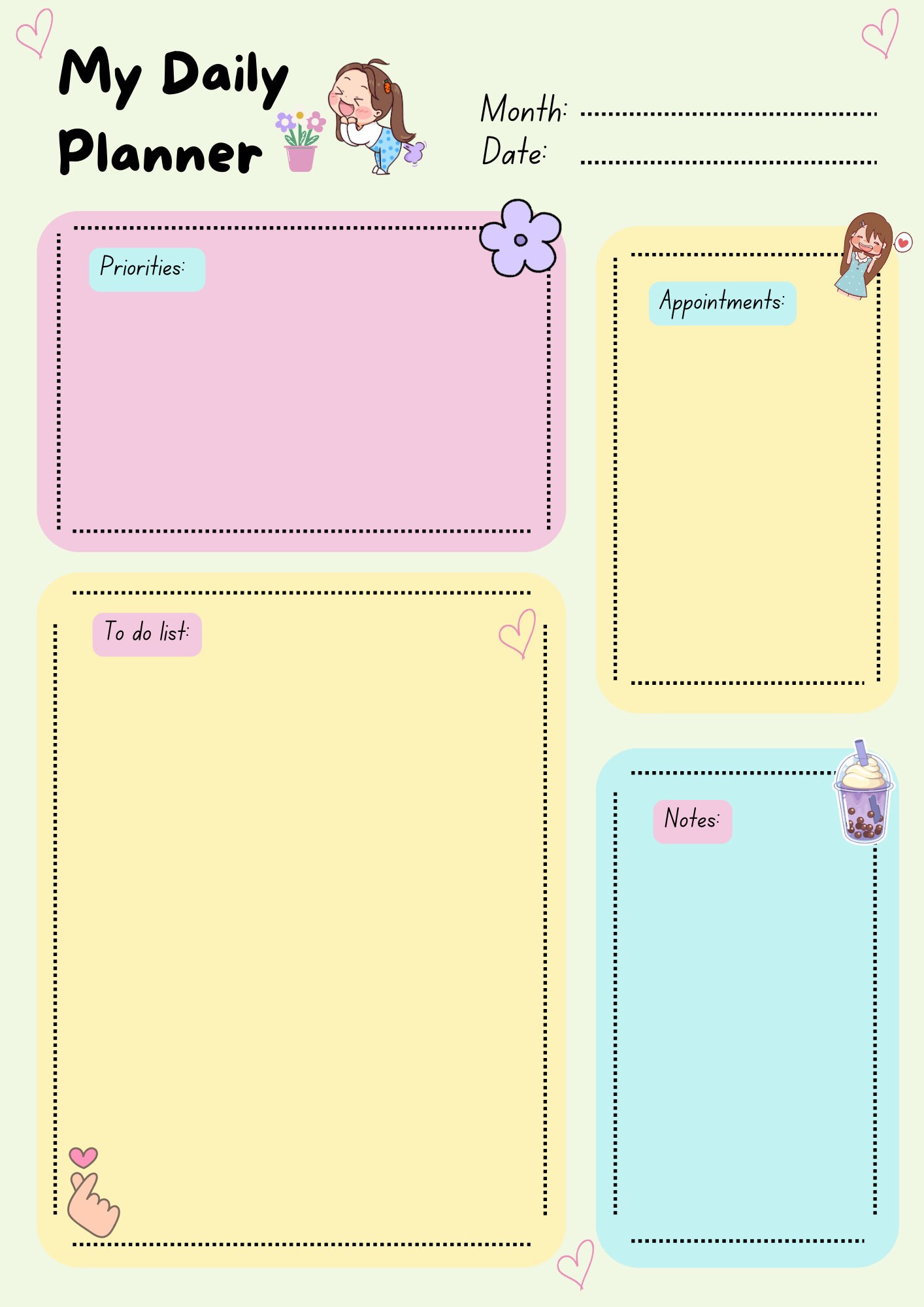 1 Page Kawaii Digital Daily Planner, Printable, Cute Digital Instant ...