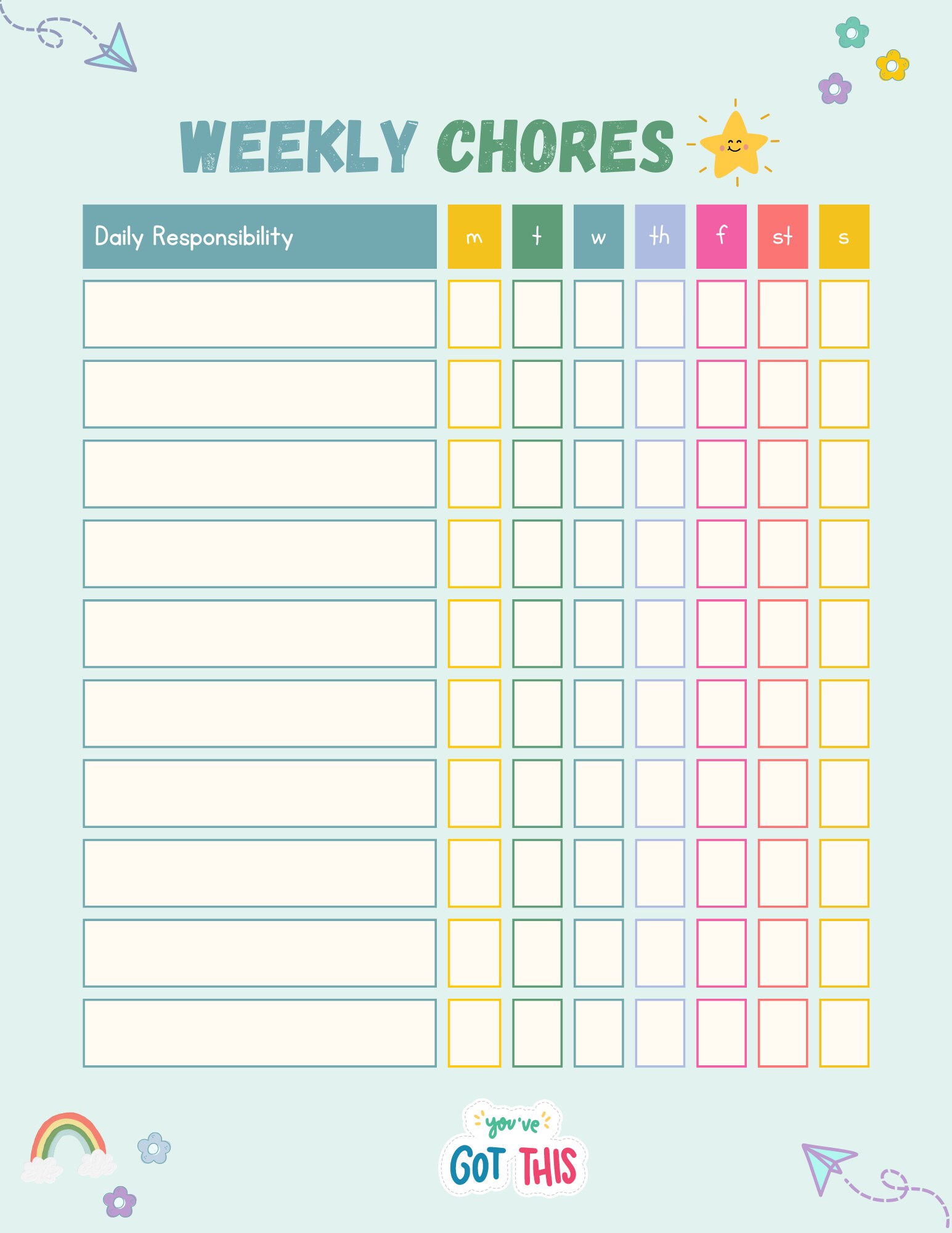 1 Page Cute Kids Weekly Chores Planner L Digital Chores Planner L ...