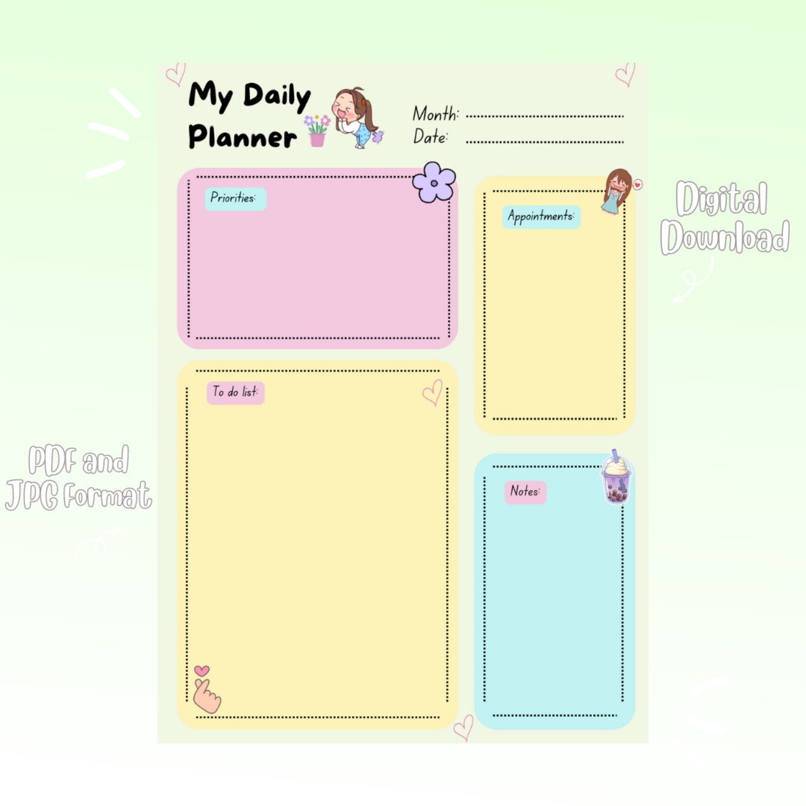1 Page Kawaii Digital Daily Planner, Printable, Cute Digital Instant ...