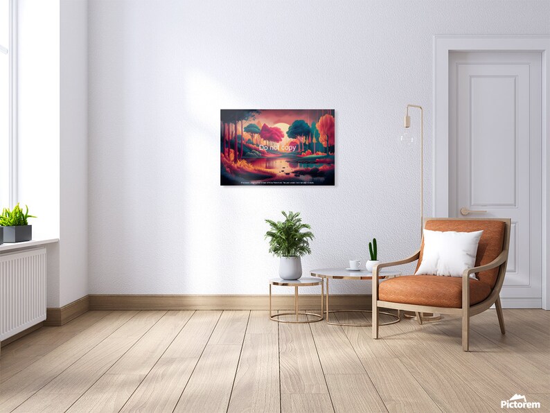 A Digital Print of a Beautiful Landscape With Trees, Ponds, Sunset ...