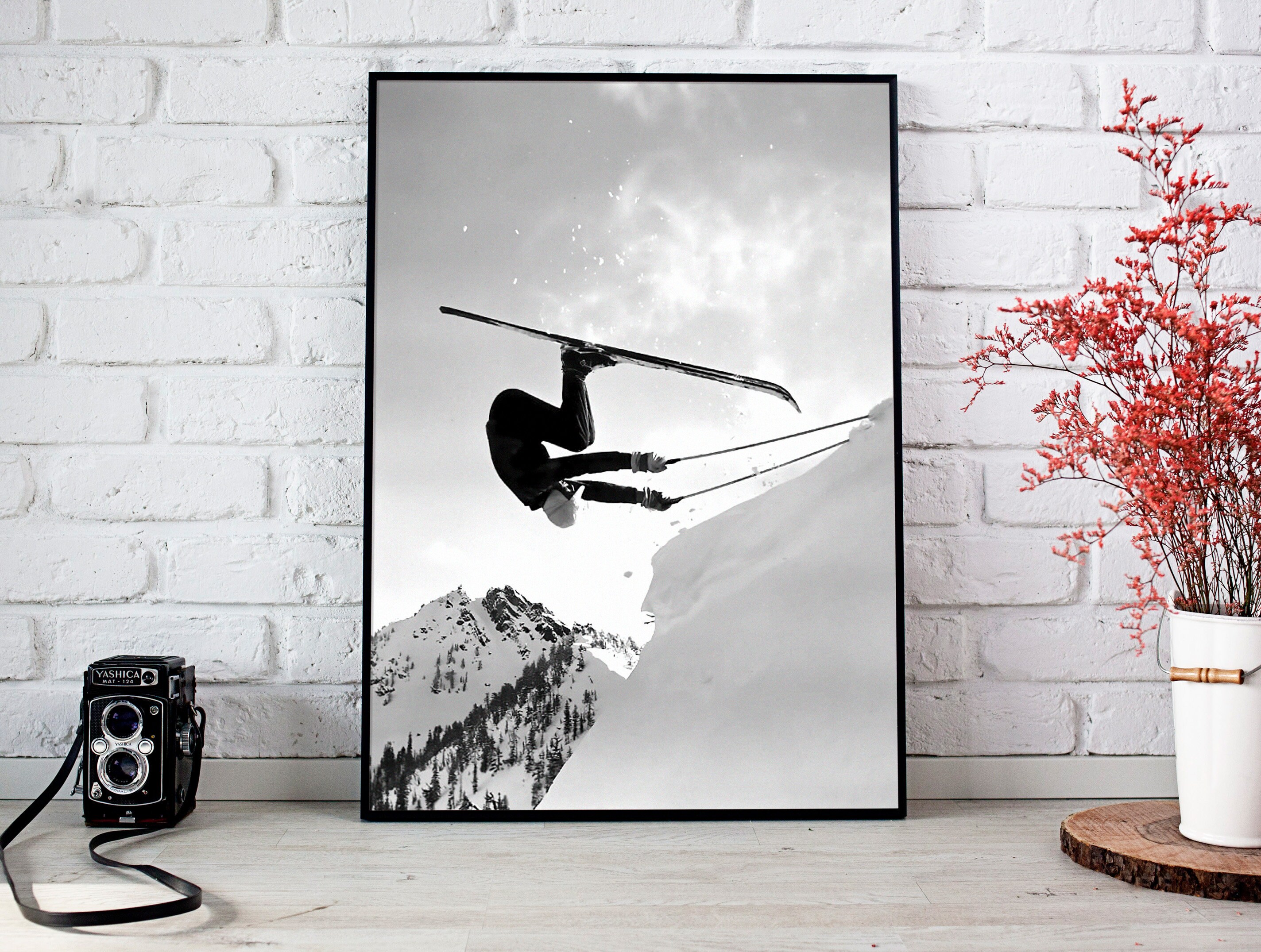 Vintage Ski Jumper Poster, Retro Skiing Print, Black and White, Winter ...