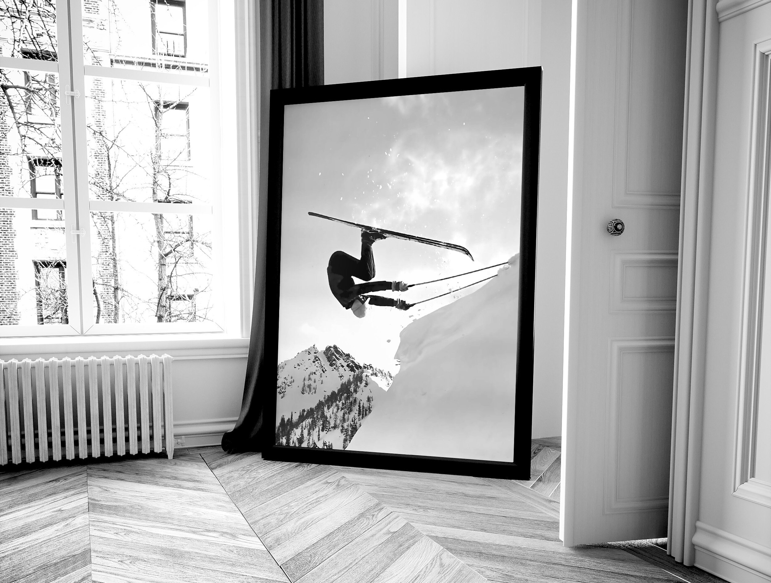 Vintage Ski Jumper Poster, Retro Skiing Print, Black and White, Winter ...