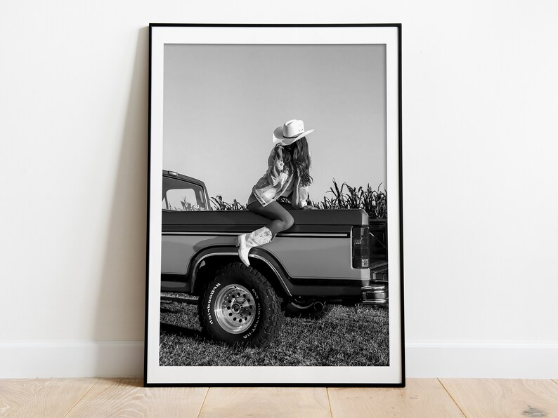 Cowgirl on Classic Car Print, Black and White, Wild West Photo ...