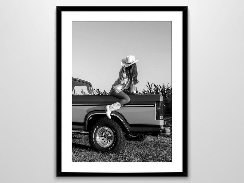 Cowgirl On Classic Car Print Black And White Wild West Photo
