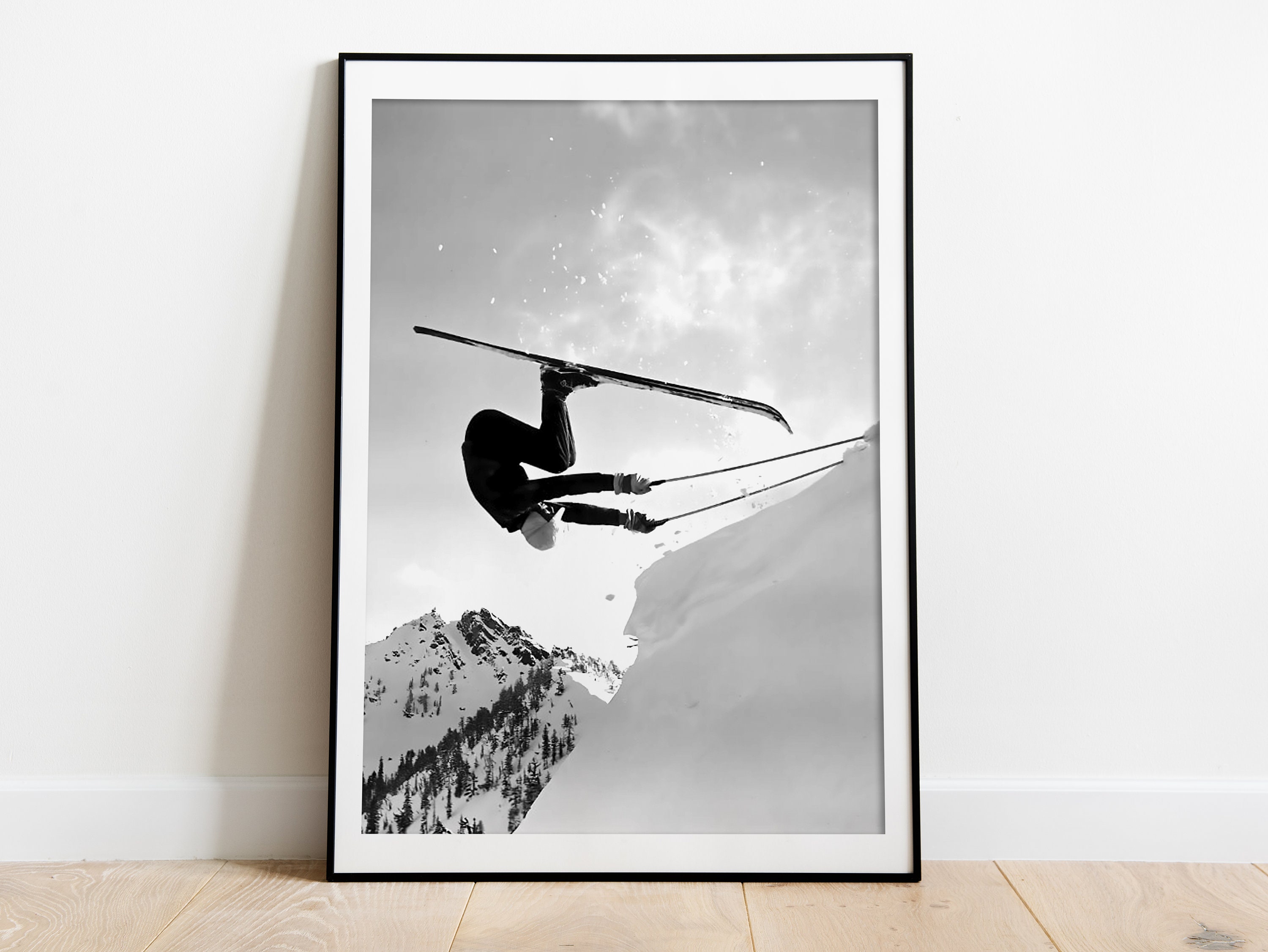 Vintage Ski Jumper Poster, Retro Skiing Print, Black and White, Winter ...
