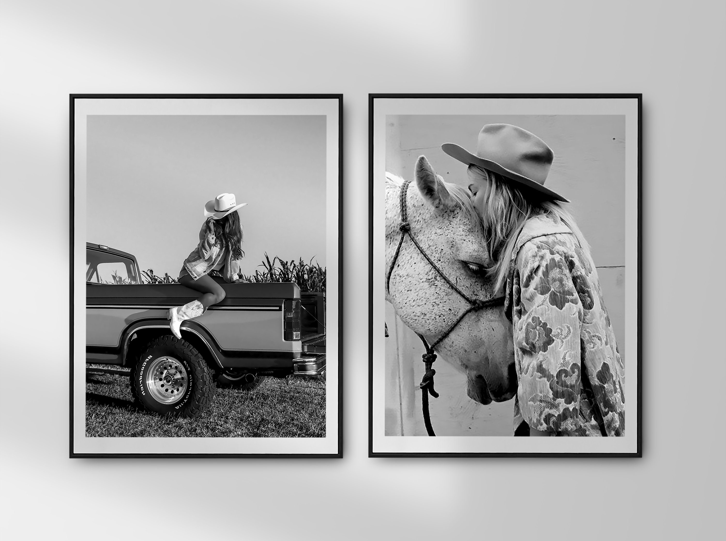 Cowgirl on Classic Car Print, Black and White, Wild West Photo ...