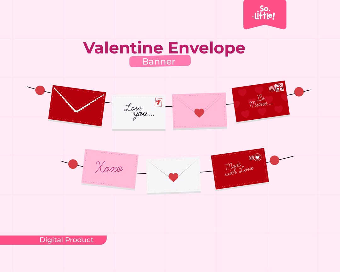 Valentine Love Letter Envelope Banner Printable | Hearts & XOXO Garland ...