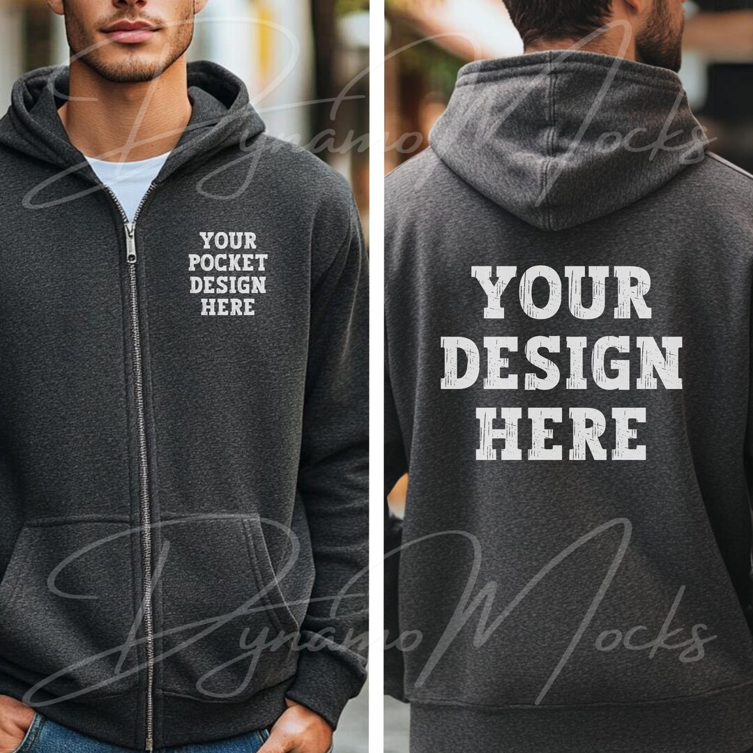 Dark Heather Gildan 18600 Mockup | Dark Heather Front Back Zip up ...