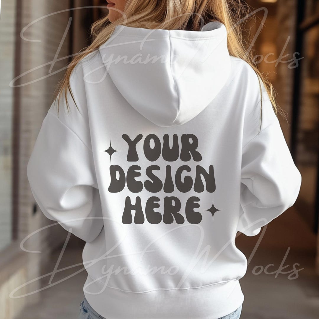 White Gildan 18600 Mockup | White Back Zip up Hoodie Mockup | Female ...