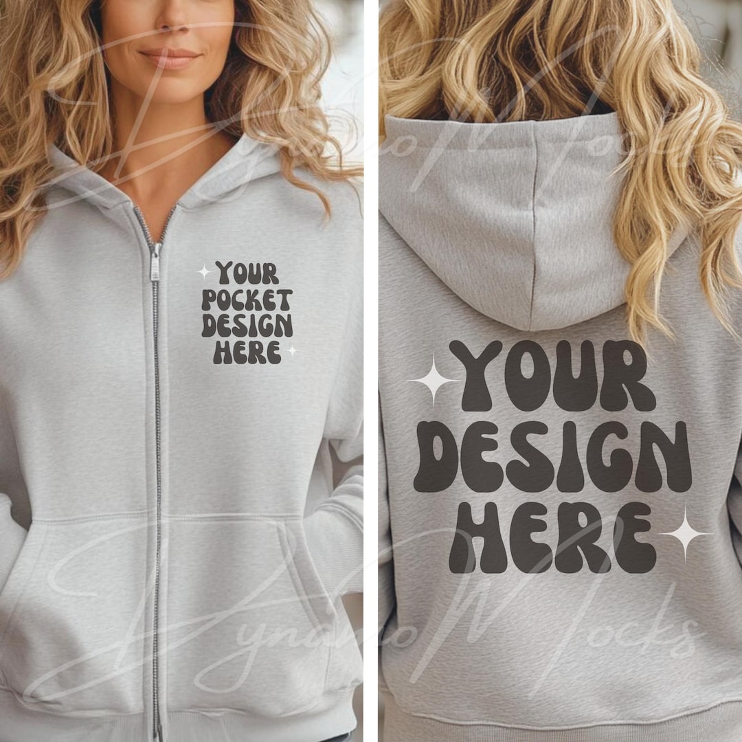 Ash Gildan 18600 Mockup, Front Back Zip up Hoodie Mockup, Ash Gildan ...
