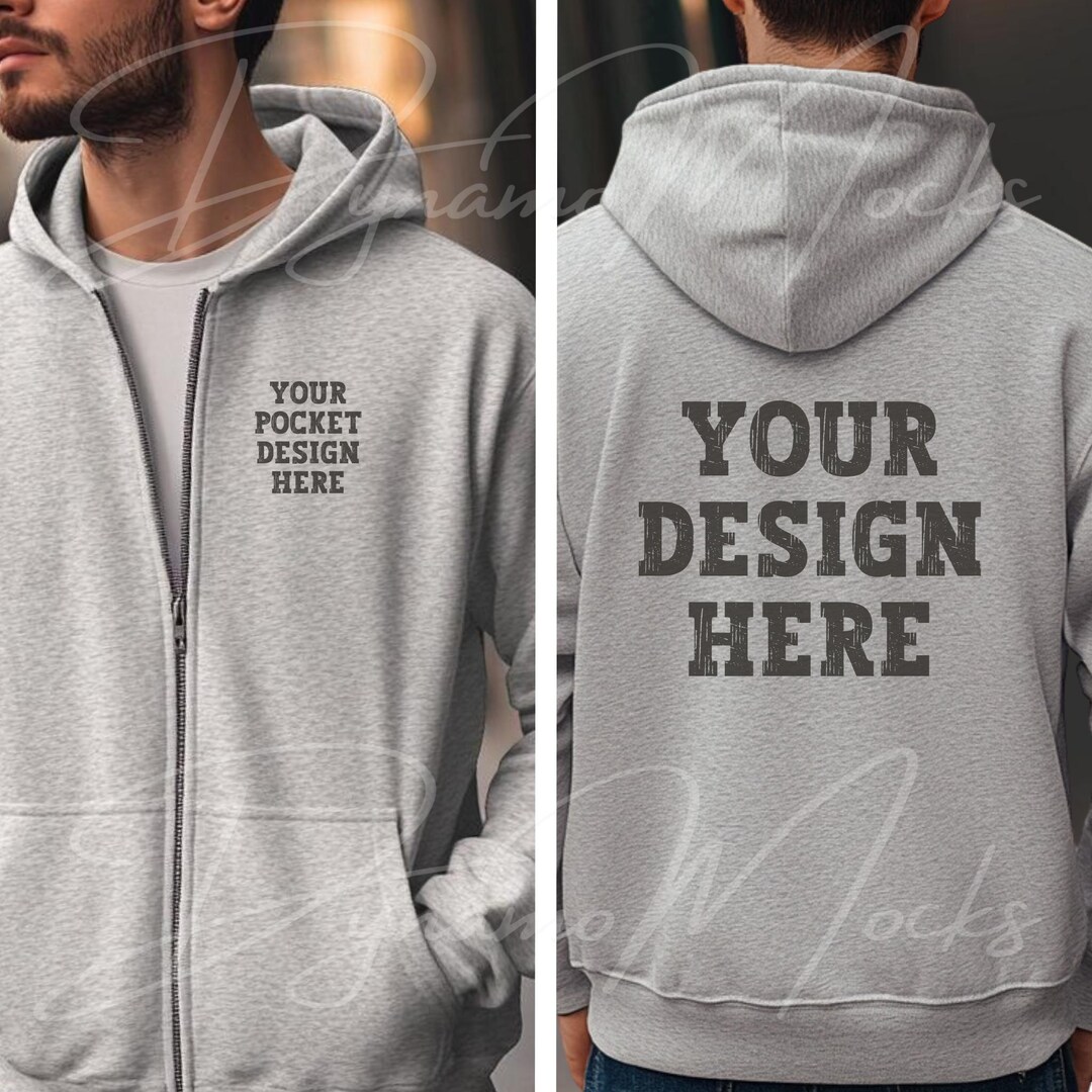 Ash Gildan 18600 Mockup, Ash Front Back Zip up Hoodie Mockup ...